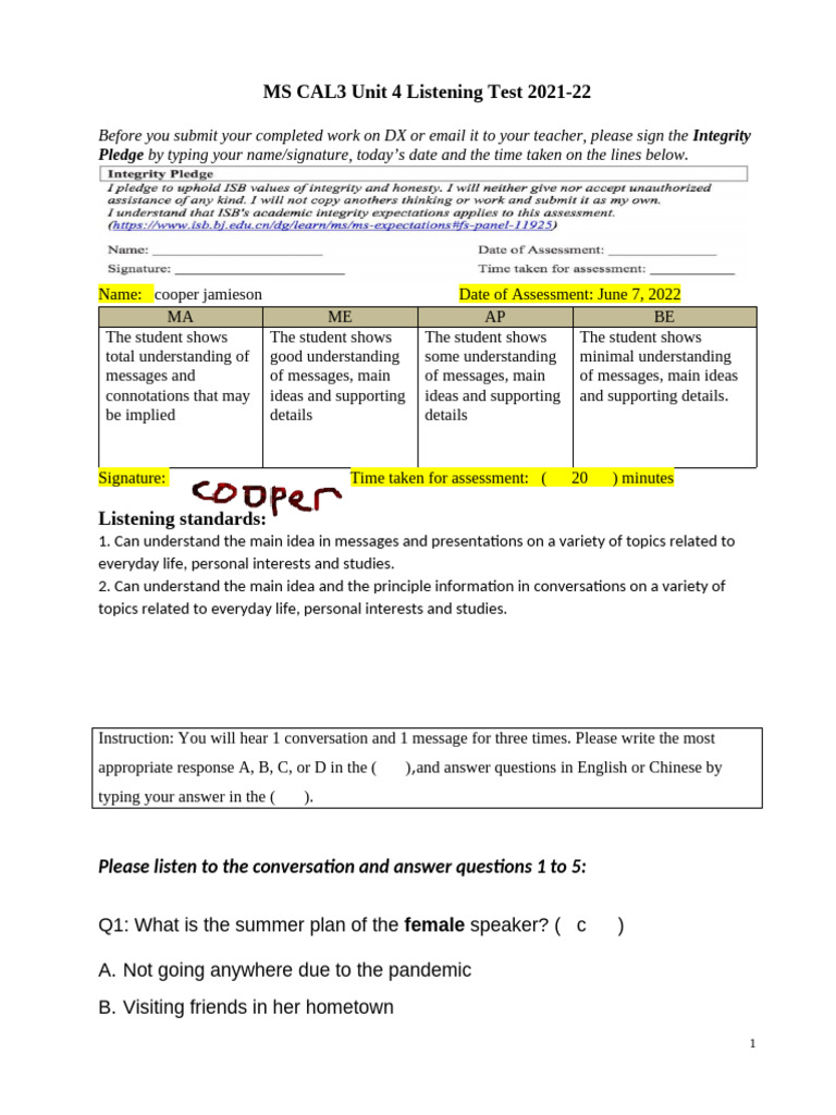 MS CAL3 Unit 4 Listening Test Online Version 2021-22 | PDF