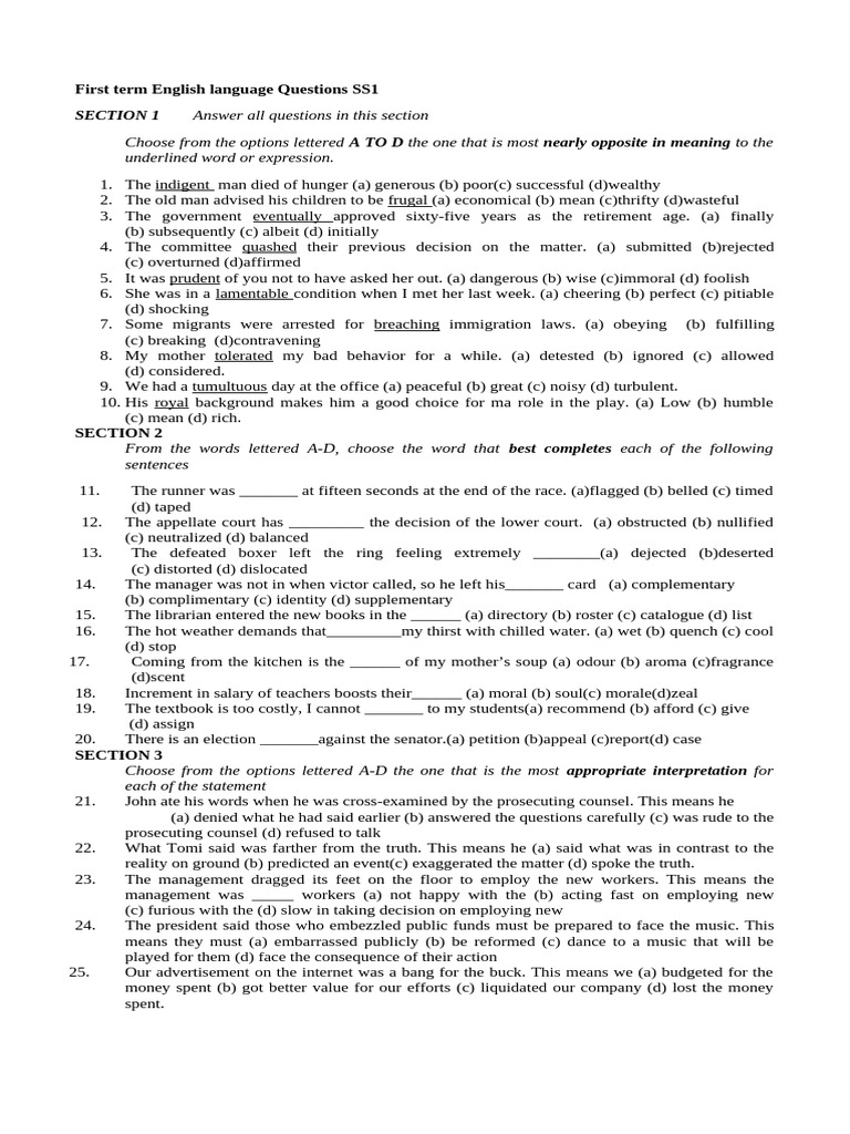 English Language SS1 - SS3 First Term Exam 2021 | PDF | Money ...