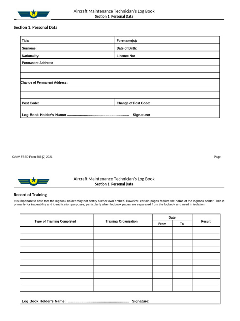 CAAV-FSSD Form 586 (2) 2021 AMT Log Book - 1648458842 | PDF