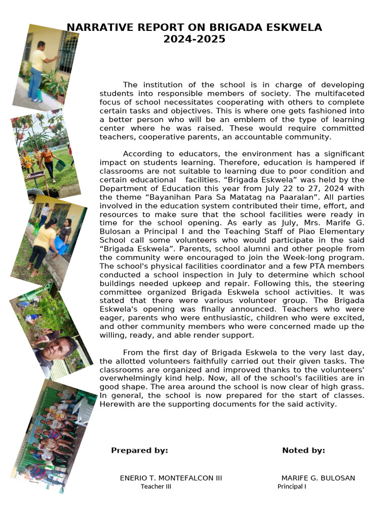 Narrative Report On Brigada Eskwela | PDF