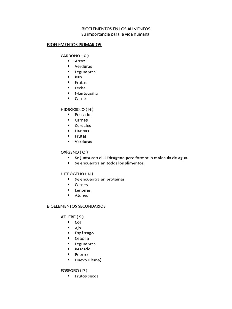 Bioelementos en Los Alimentos | PDF