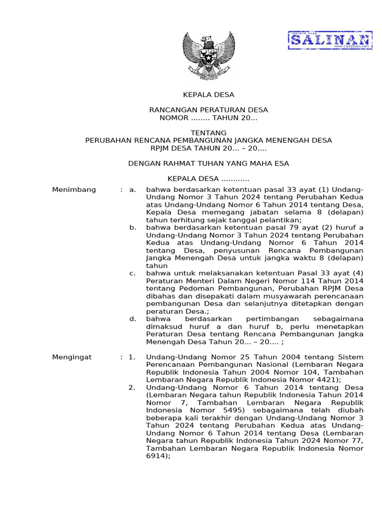 Contoh Rancangan Perdes Perubahan RPJM Desa | PDF