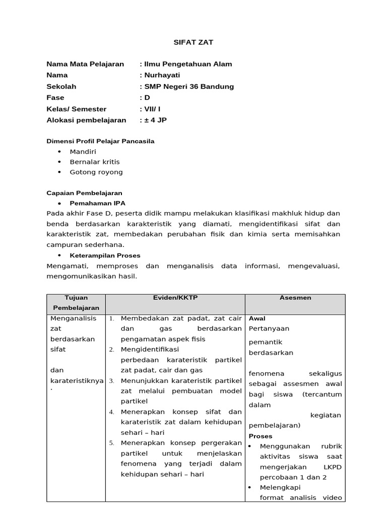 Modul Ajar Ilmu Pengetahuan Alam (IPA) - Sifat Zat - Fase D | PDF