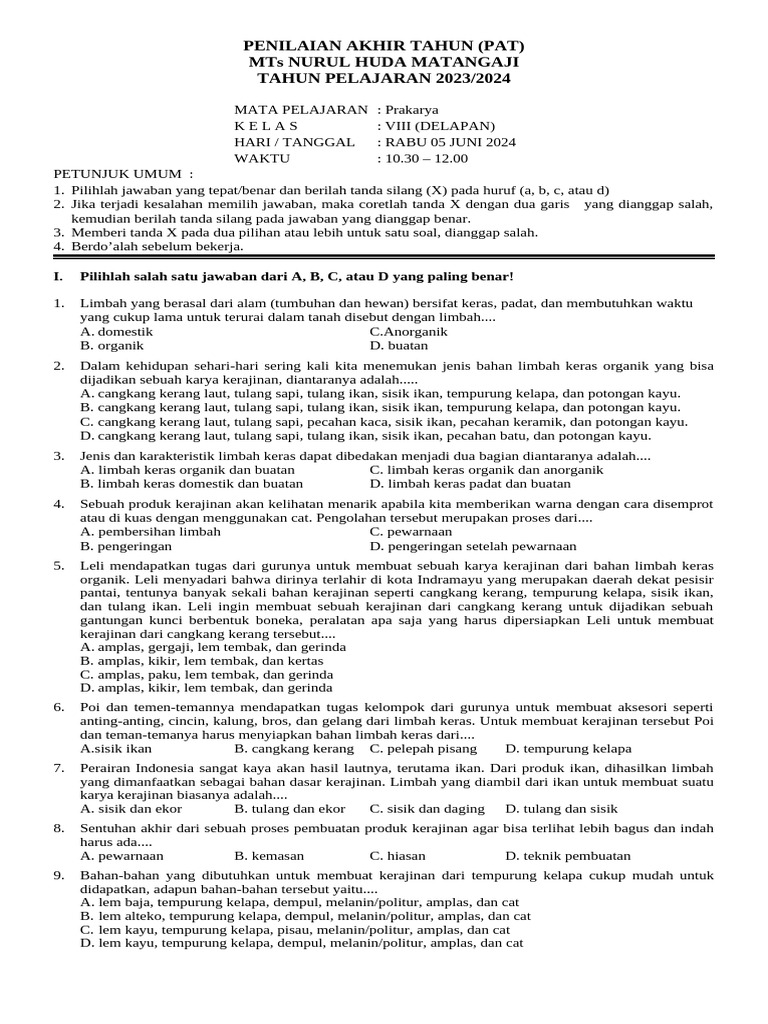 Soal Prakarya Kelas 8 Semester II | PDF