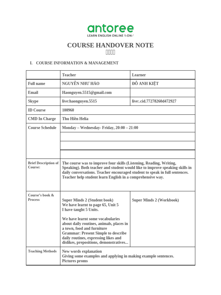 Handover Note and Guidance Do Anh Kiet | PDF