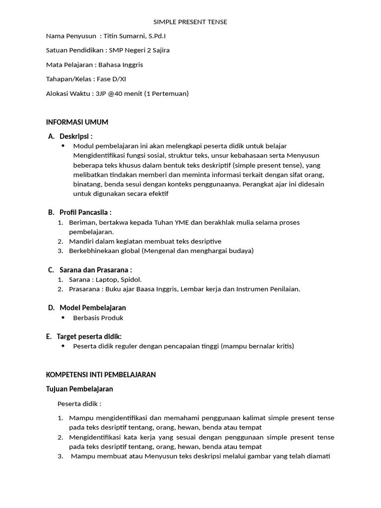 RPP - Modul Ajar Bahasa Inggris - Descriptive Text - Fase D | PDF
