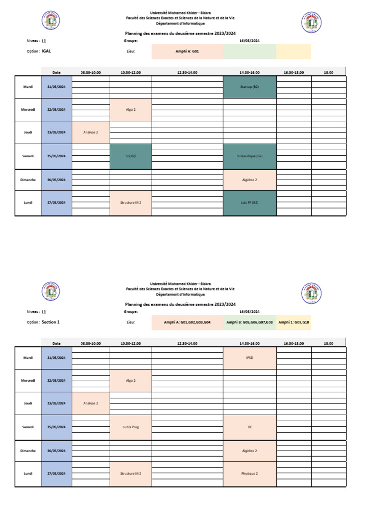 L1 Updated Planning Exams S2 2023 2024 | PDF