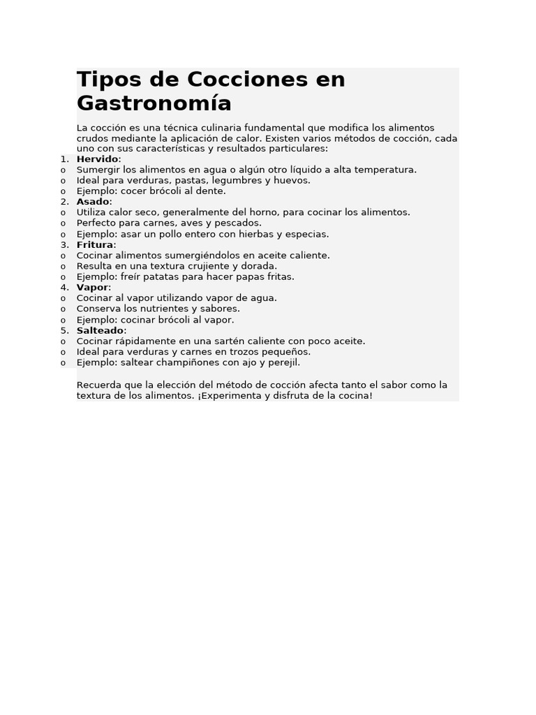 Tipos de Cocciones en Gastronomía | PDF