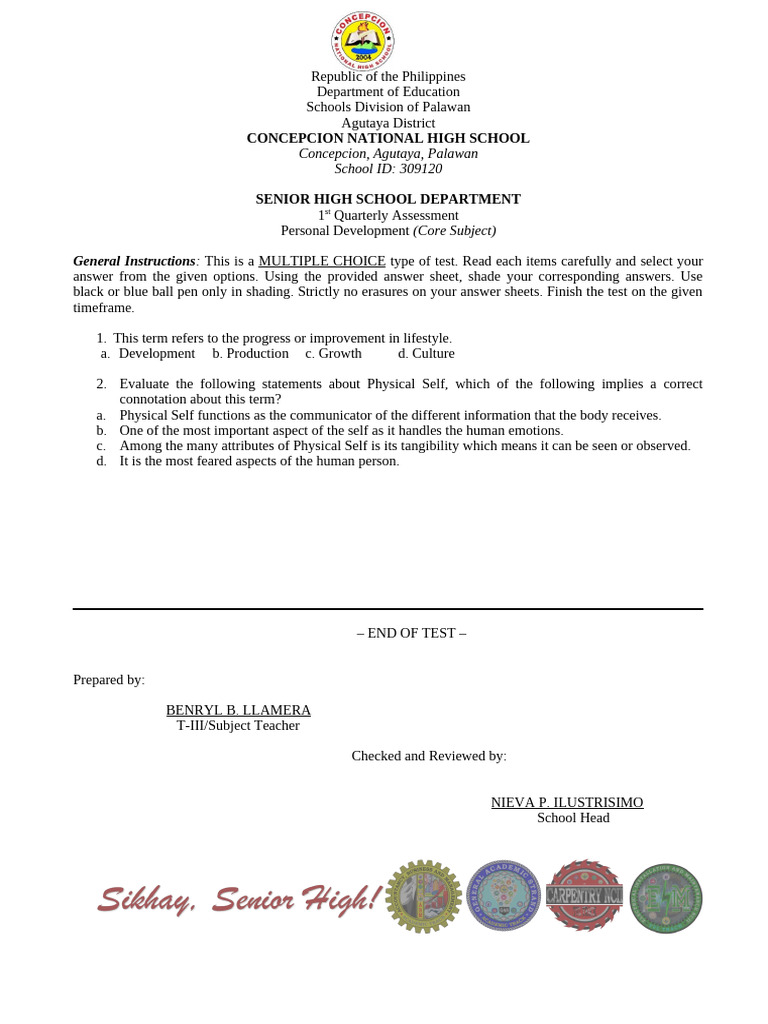 Quarterly Assessment and Answer Key Template | PDF | Multiple Choice ...