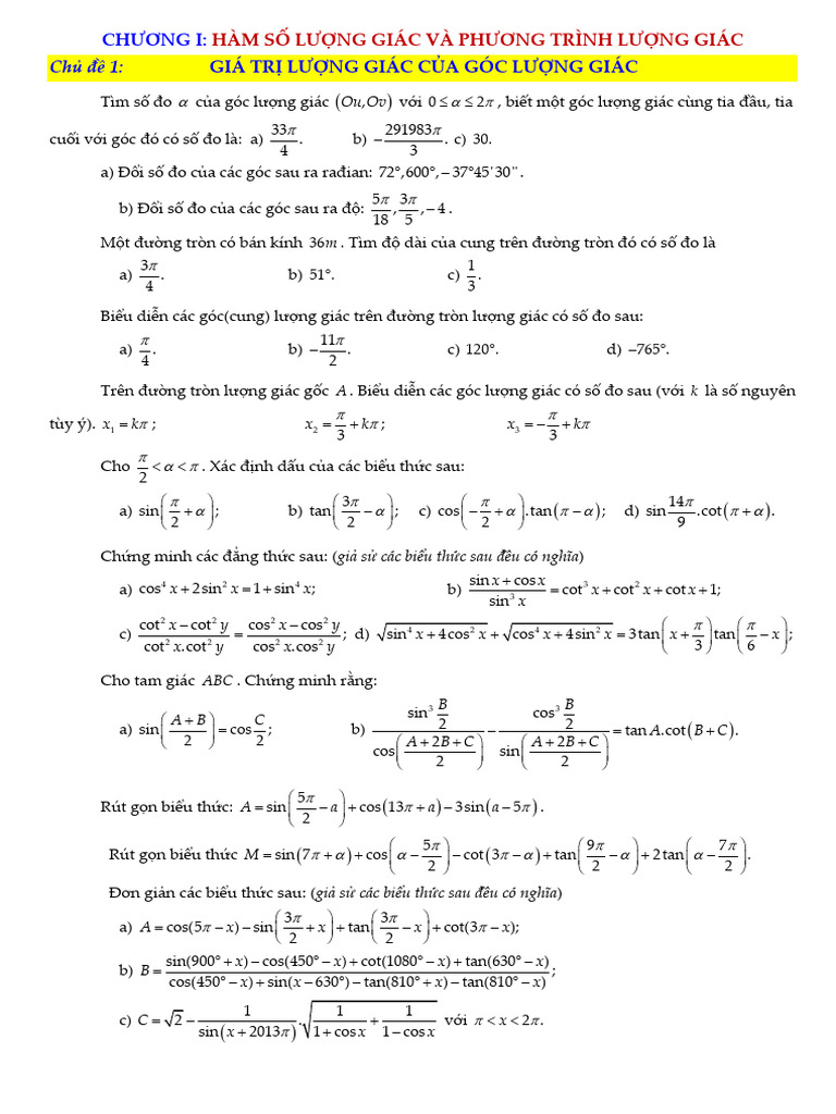 Chuong 1 Gia Tri Luong Giac Cong Thuc Luong Giac | PDF