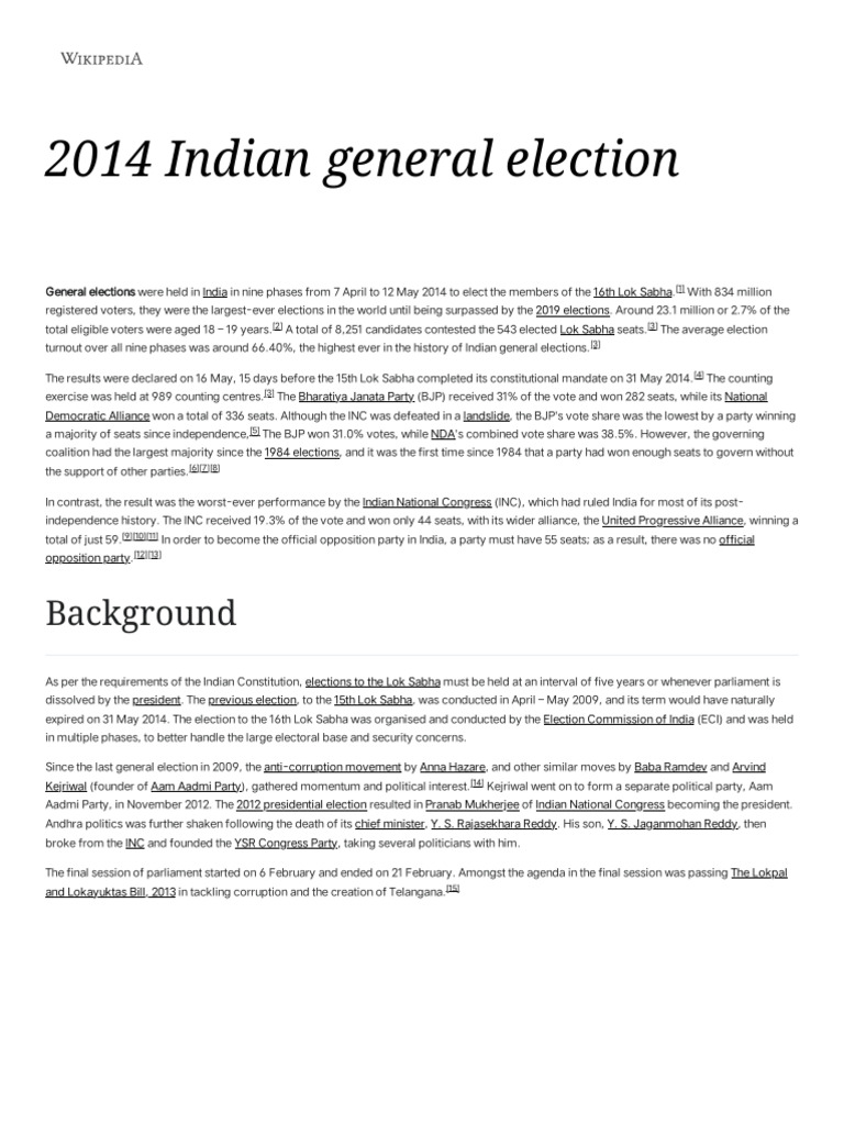 2014 Indian General Election - Wikipedia | PDF