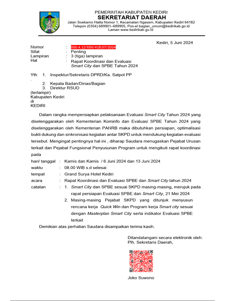 Draft Undangan Rapat Koordinasi Dan Evaluasi Smart City Dan SPBE Tahun 2024 | PDF