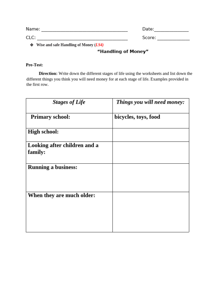 Worksheets LS4 Wise Handling of Money | PDF