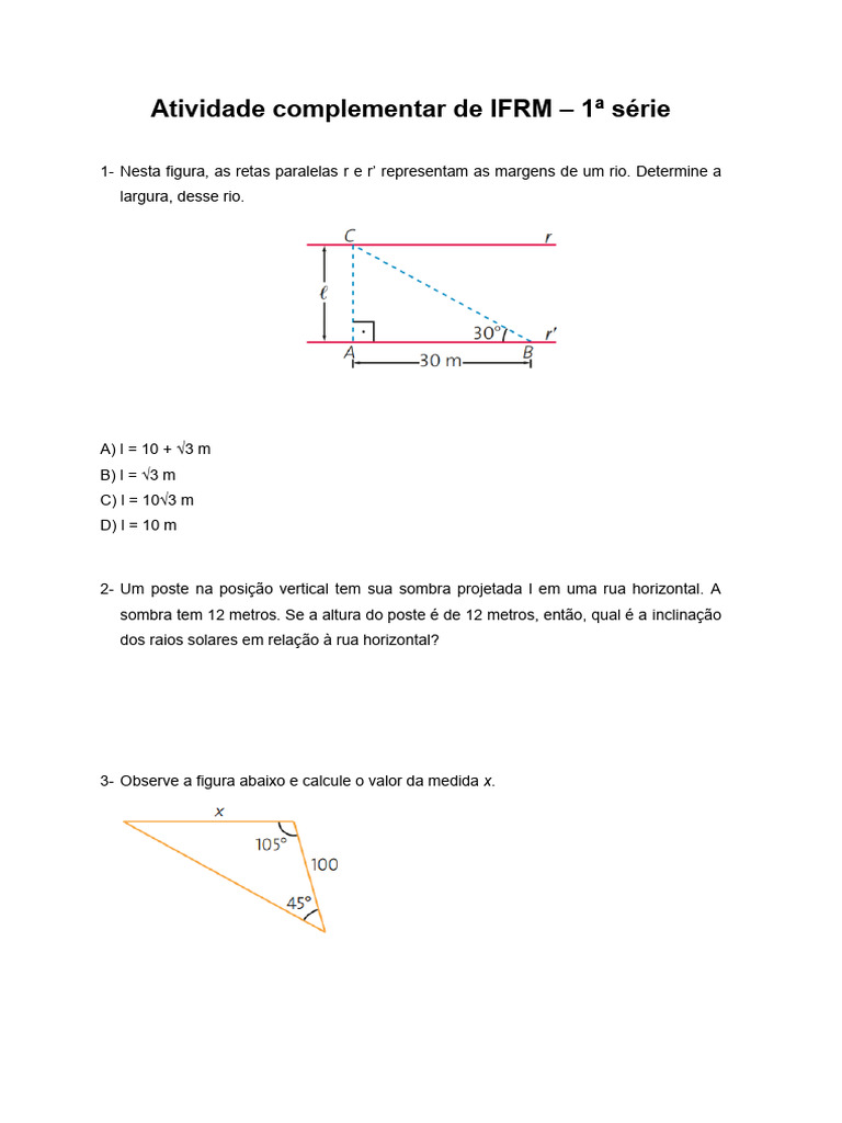 Atividade Complementar de IFRM - Triângulo Retãngulo Lei Do Seno e Cosseno | PDF