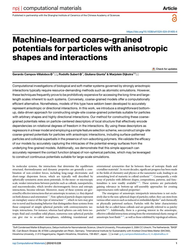Machine-Learned Coarse-Grained Potentials For Particles With Anisotropic Shapes and Interactions ...