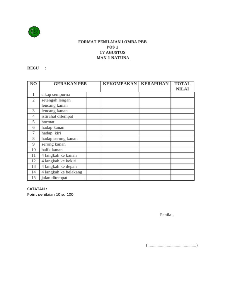 FORMAT PENILAIAN LOMBA PBB | PDF
