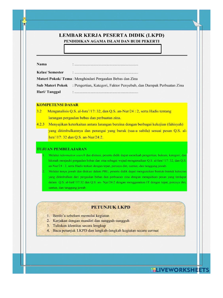 LKPD Larangan Pergaulan Bebas Dan Zina | PDF