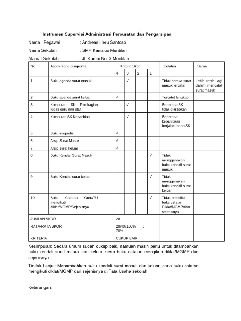 Instrumen Supervisi Administrasi Persuratan Dan Pengarsipan | PDF