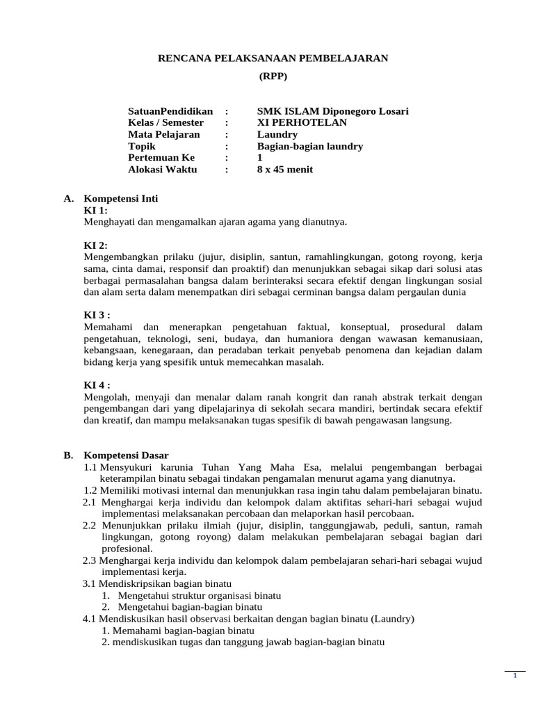 RPP 1 Bagian Laundry | PDF