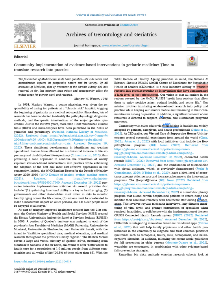 Community Implementation of Evidence-Based Interventions in Geriatric Medicine - Time To ...