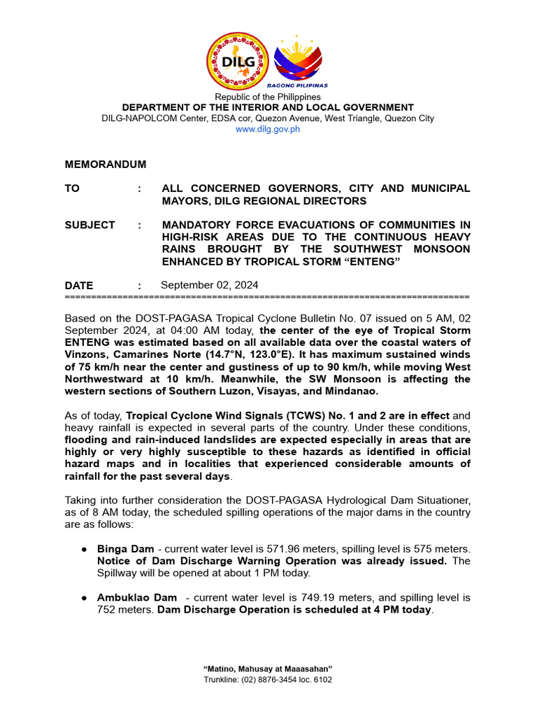 MEMO To Implement Forced Evacuations Enhanced SW Monsoon by TS Enteng ...