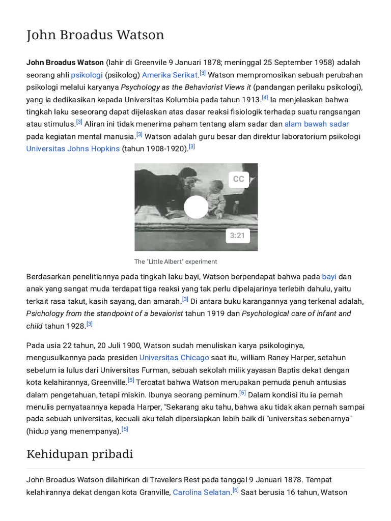 John Broadus Watson - Wikipedia Bahasa Indonesia, Ensiklopedia Bebas | PDF