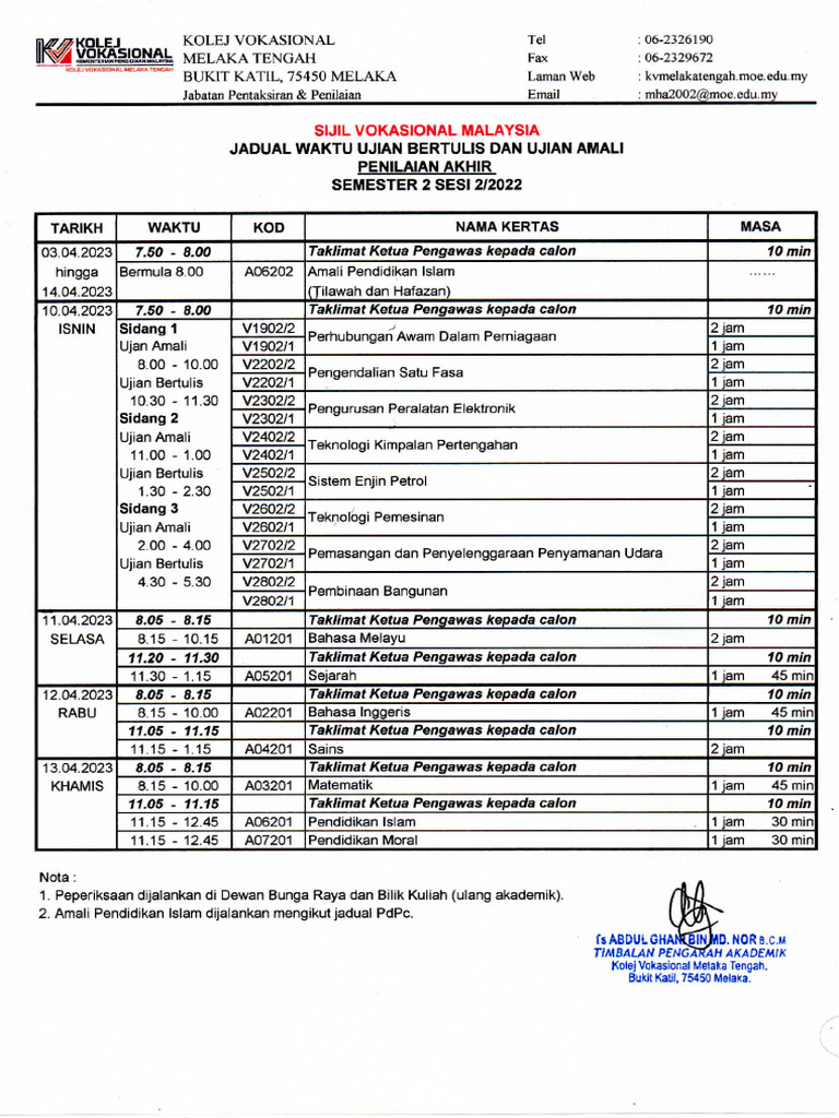 Jadual Waktu Pa 1svm Sem2 2023 | PDF