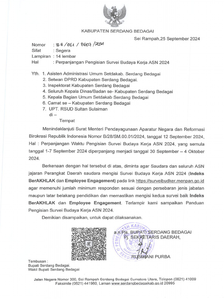 Surat Perpanjangan Survei Budaya Kerja ASN | PDF