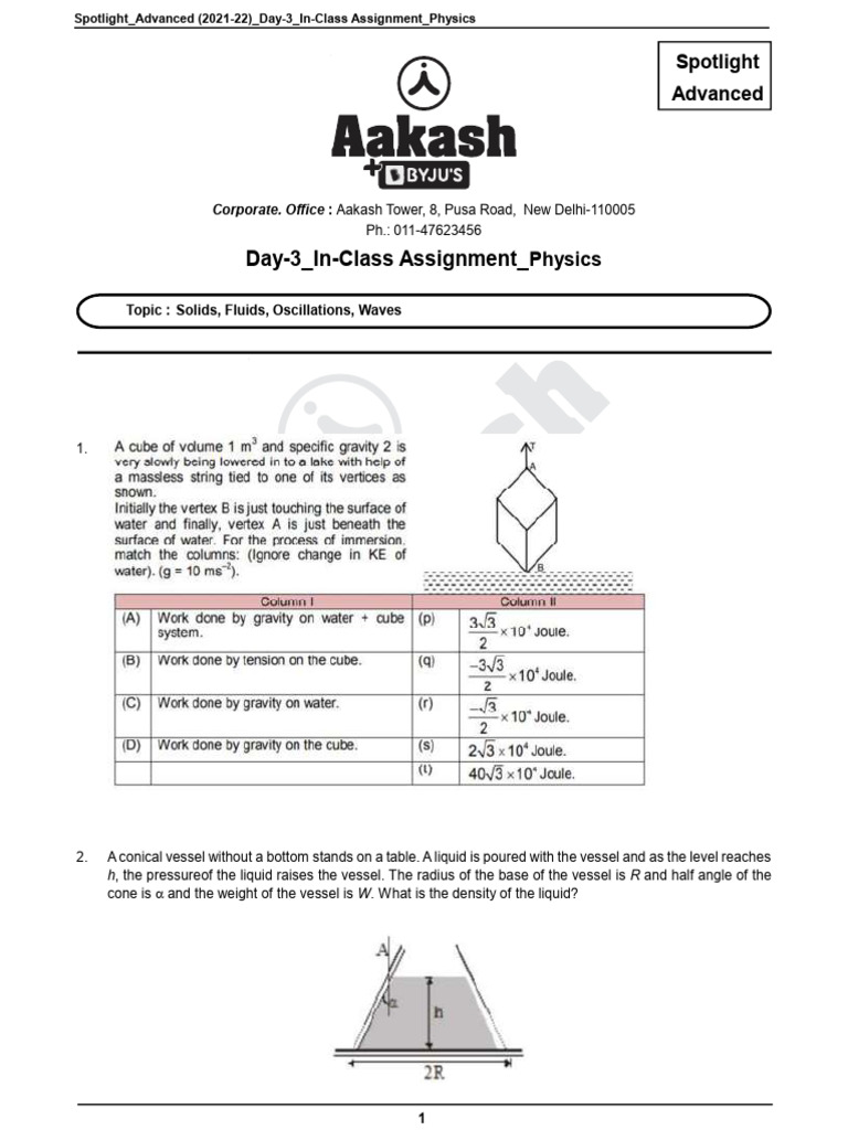 Spotlight Advanced Day 3 in Class Assignment Physics Que & Answer | PDF