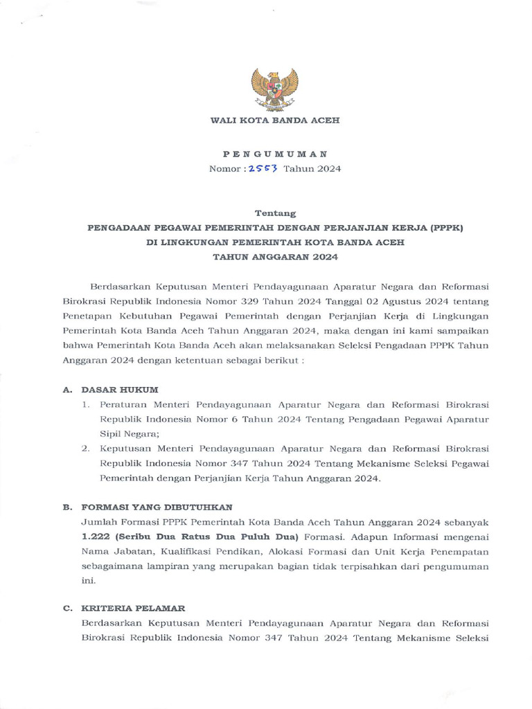 Pengumuman Pengadaan Pegawai Pemerintah Dengan Perjanjian Kerja (PPPK) Di Lingkungan Pemerintah ...