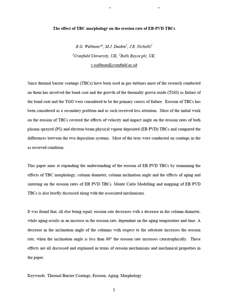 TBC Morphology On The Erosion Rate of EP-PVD TBCs-2005 | PDF
