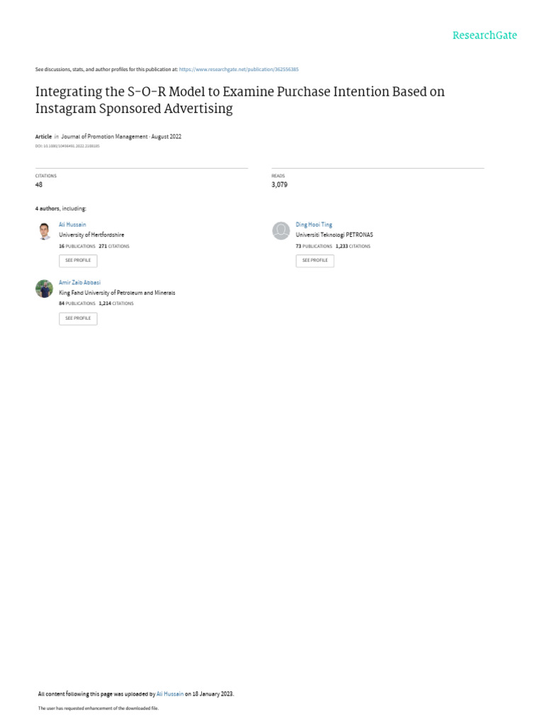 Instagram Ads: S-O-R Model & Purchase Intent | PDF | Affect (Psychology ...