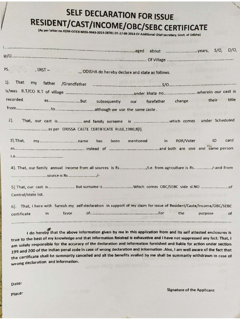Self Declaration For Income | PDF