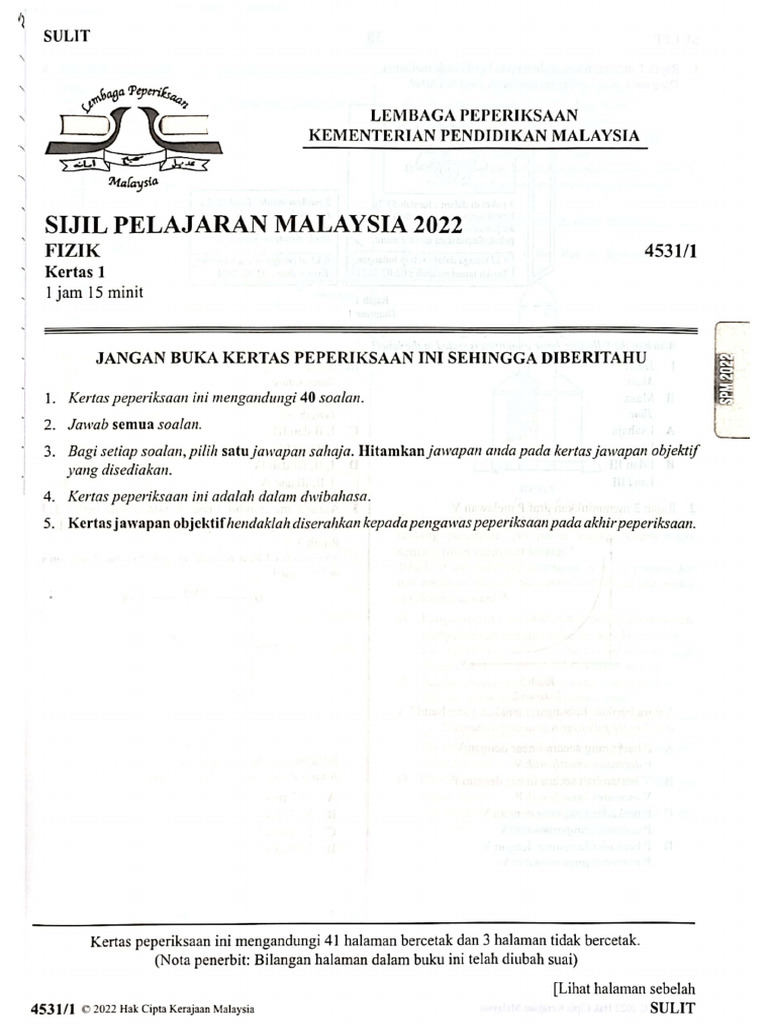 SPM 2022 Physics 4531 (1,2) | PDF