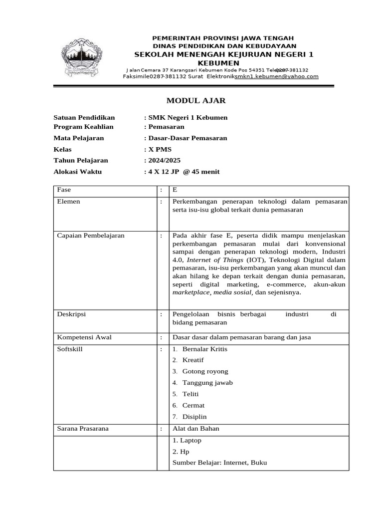 Modul Ajar Dasar Pemasaran PMM | PDF