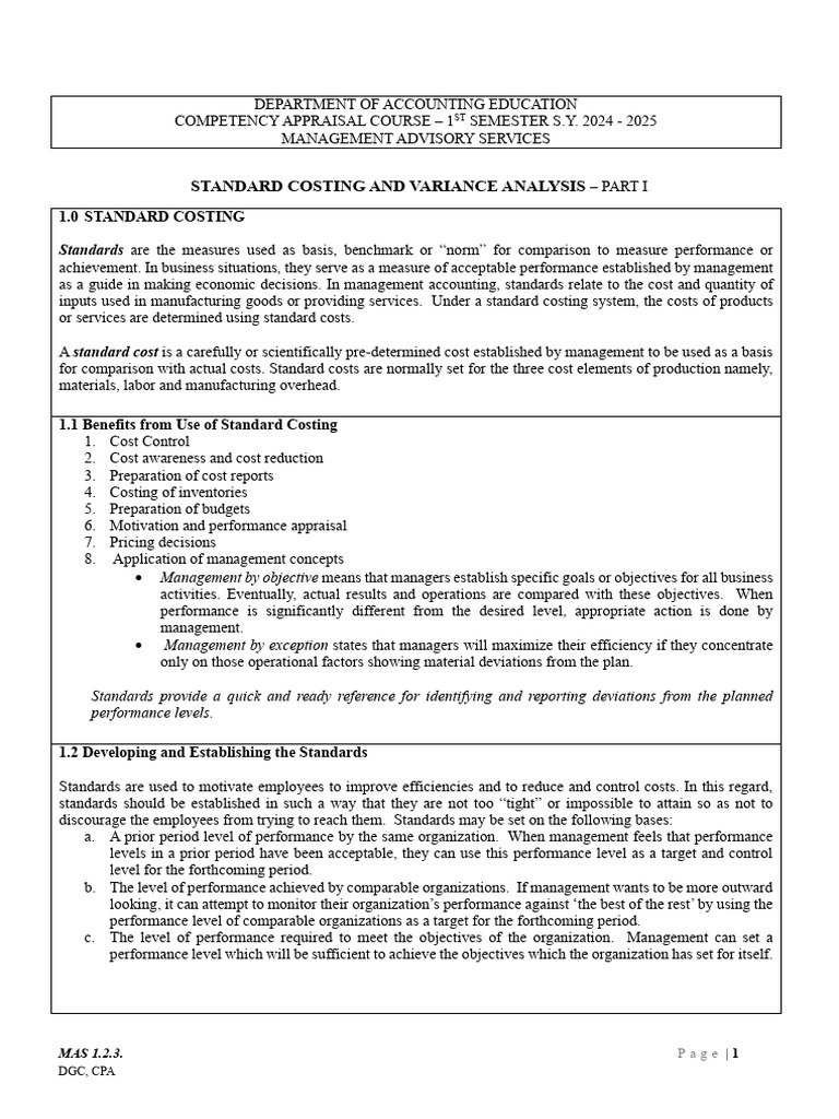 Standard Costing And Variance Analysis Part I Cac Pdf
