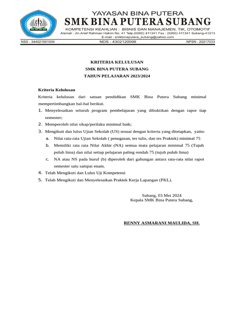 Kriteria Kelulusan SMK BP 24 | PDF