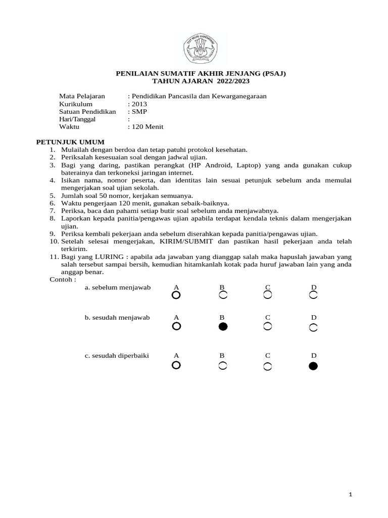 NASKAH SOAL PSAJ PPKn MGMP PPKn TA. 2022-2023 fix | PDF NASKAH SOAL PSAJ PPKn MGMP PPKn TA. 2022-2023 fix | PDF