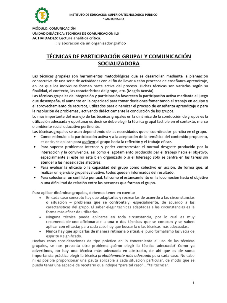 TÉCNICAS DE PARTICIPACIÓN GRUPAL Y COMUNICACIÓN | PDF