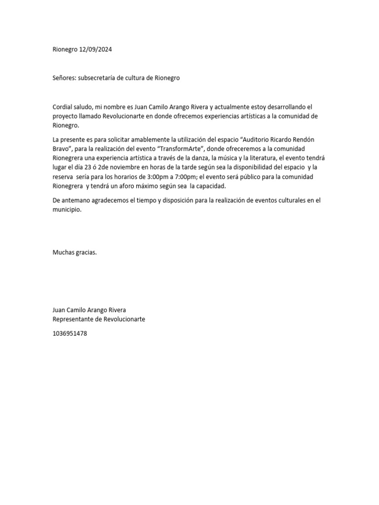 Carta de solicitud de espacio | PDF