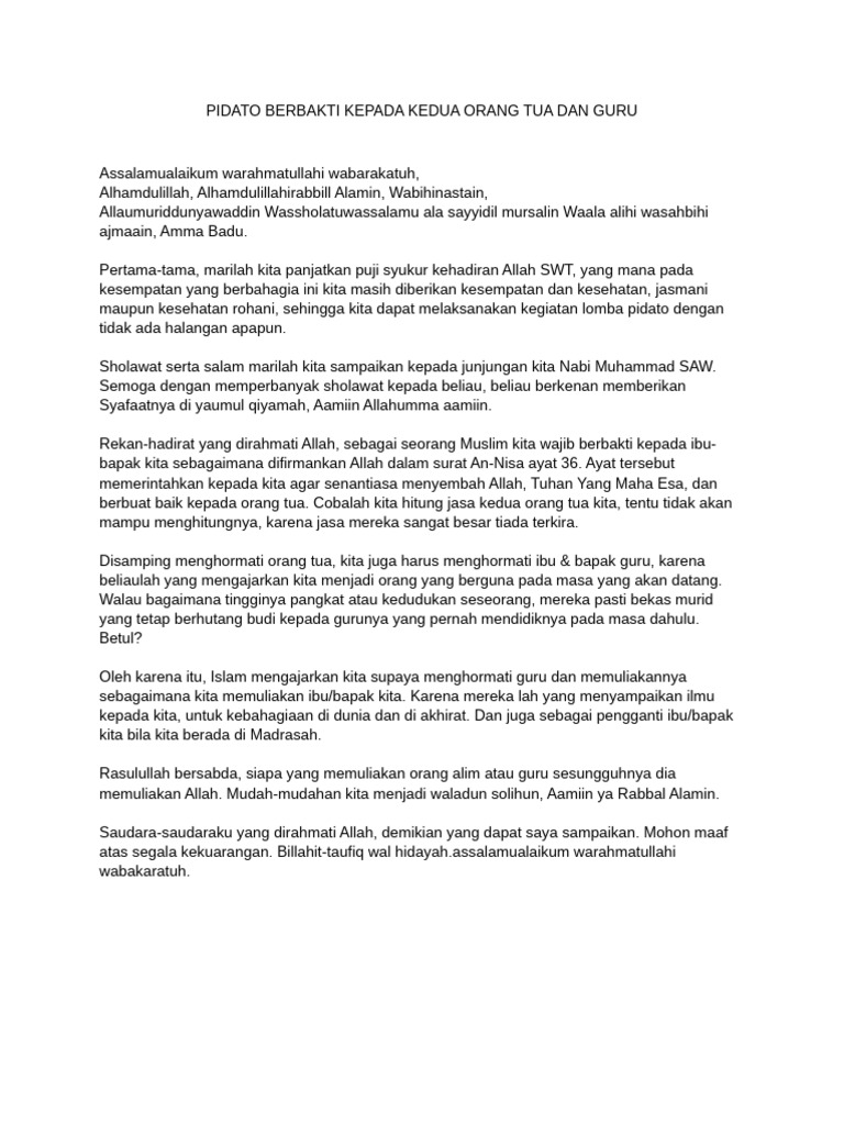 Pidato Berbakti Kepada Kedua Orang Tua Dan Guru | PDF