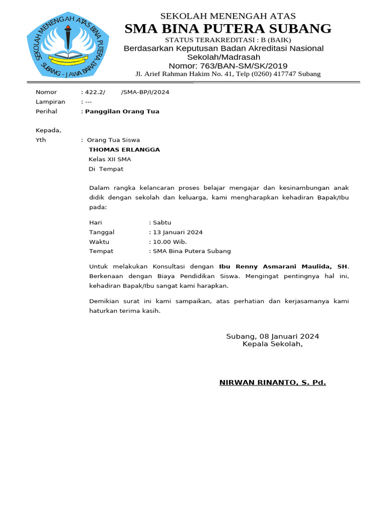 Surat Panggilan Orang Tua | PDF