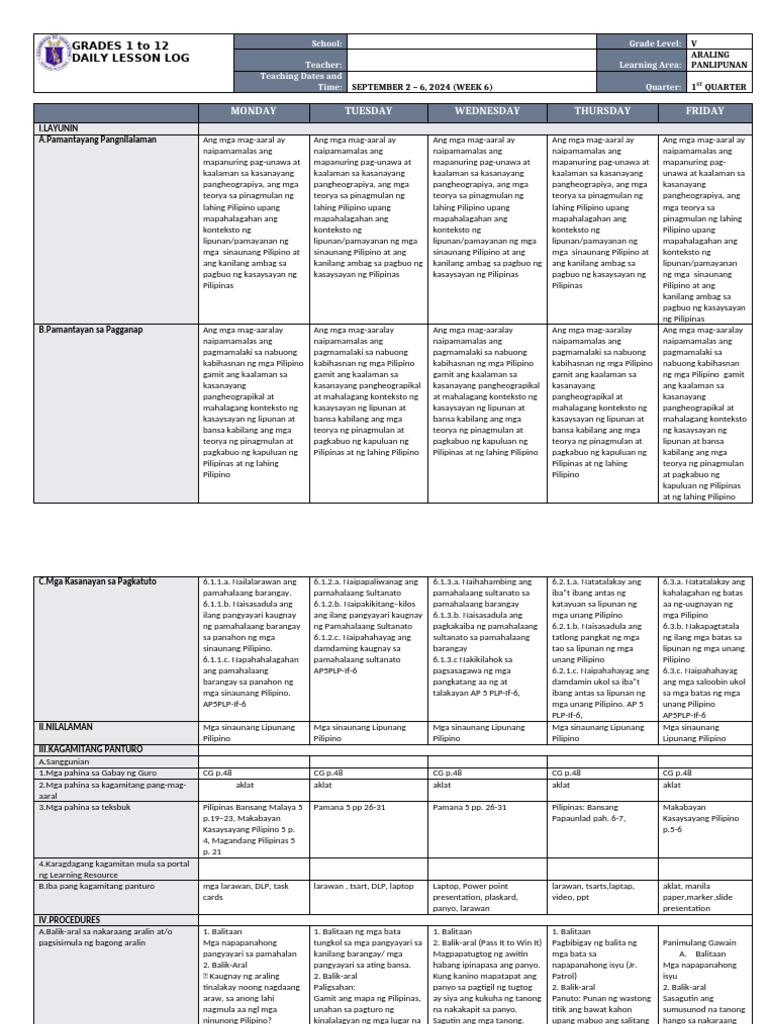 DLL - ARALING PANLIPUNAN 5 - Q1 - W6 New | PDF | Linguistics | Social Science
