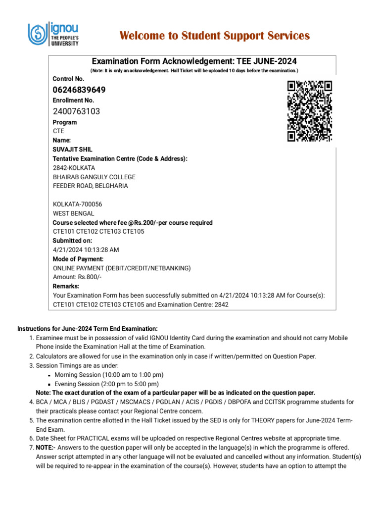 IGNOU - Examination Form Acknowledgement | PDF