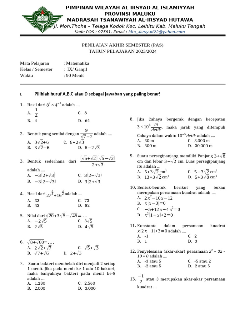 Pas Matek 9 Ganjil | PDF