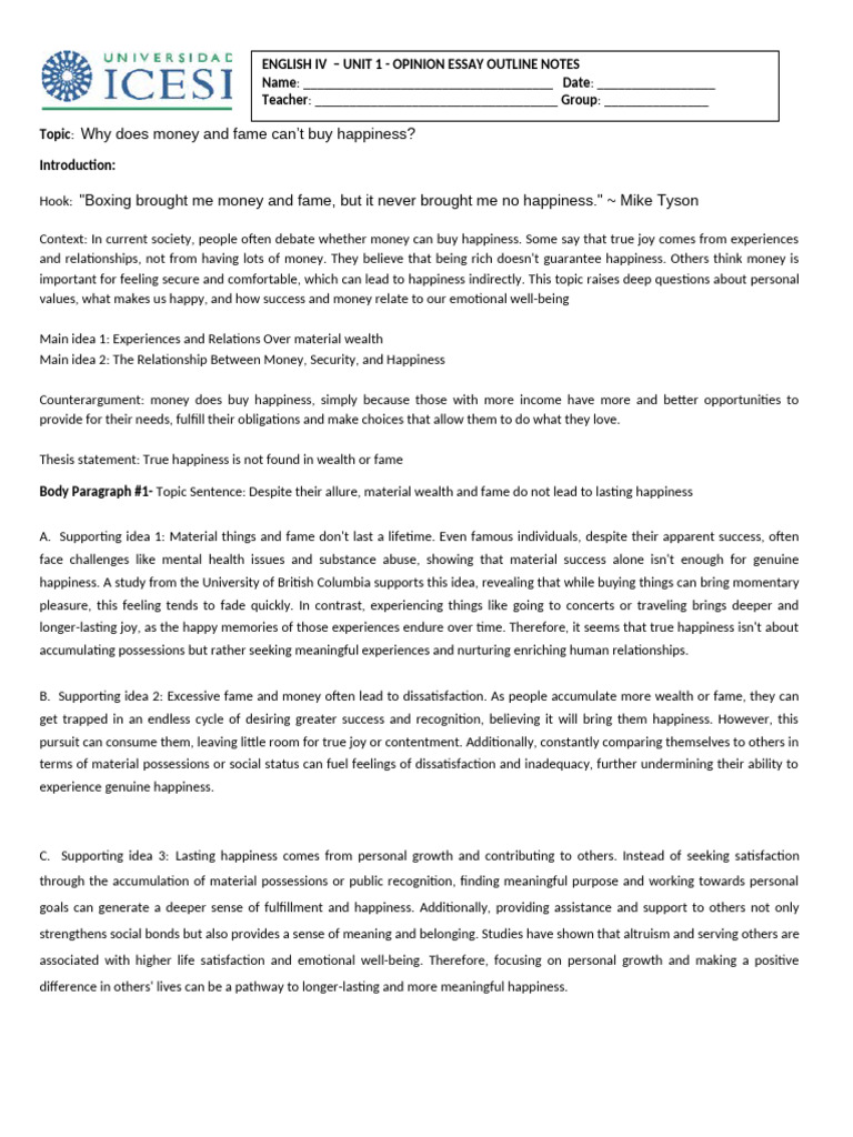 Class 4 - Opinion-Expository Essay Outline Worksheet | PDF