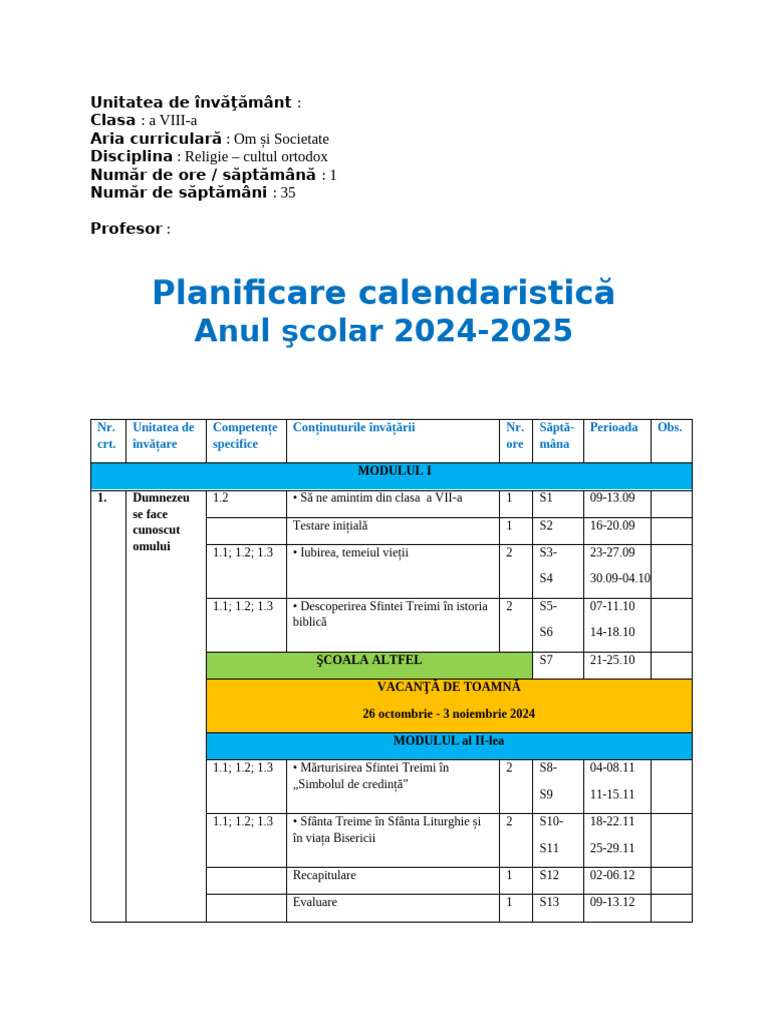 Planificare Religie Cls 8 2024 2025 | PDF