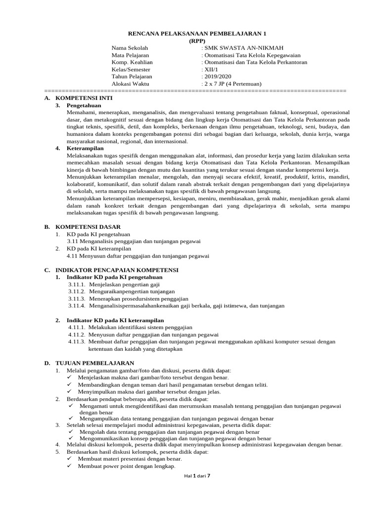RPP OTK KEPEGAWAIAN KELAS XII SMT GANJIL (Pertemuan Ke 1-2) | PDF