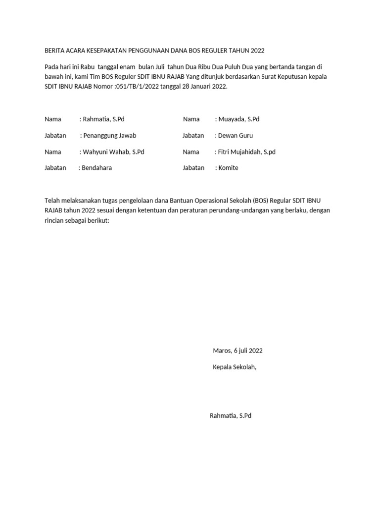Berita Acara Kesepakatan Penggunaan Dana Bos Reguler Tahun 2022 Sdit Ibnu Rajab | PDF