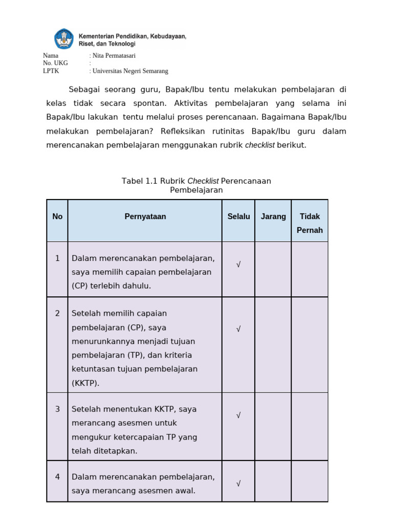 Rubrik Ceklis UbD | PDF